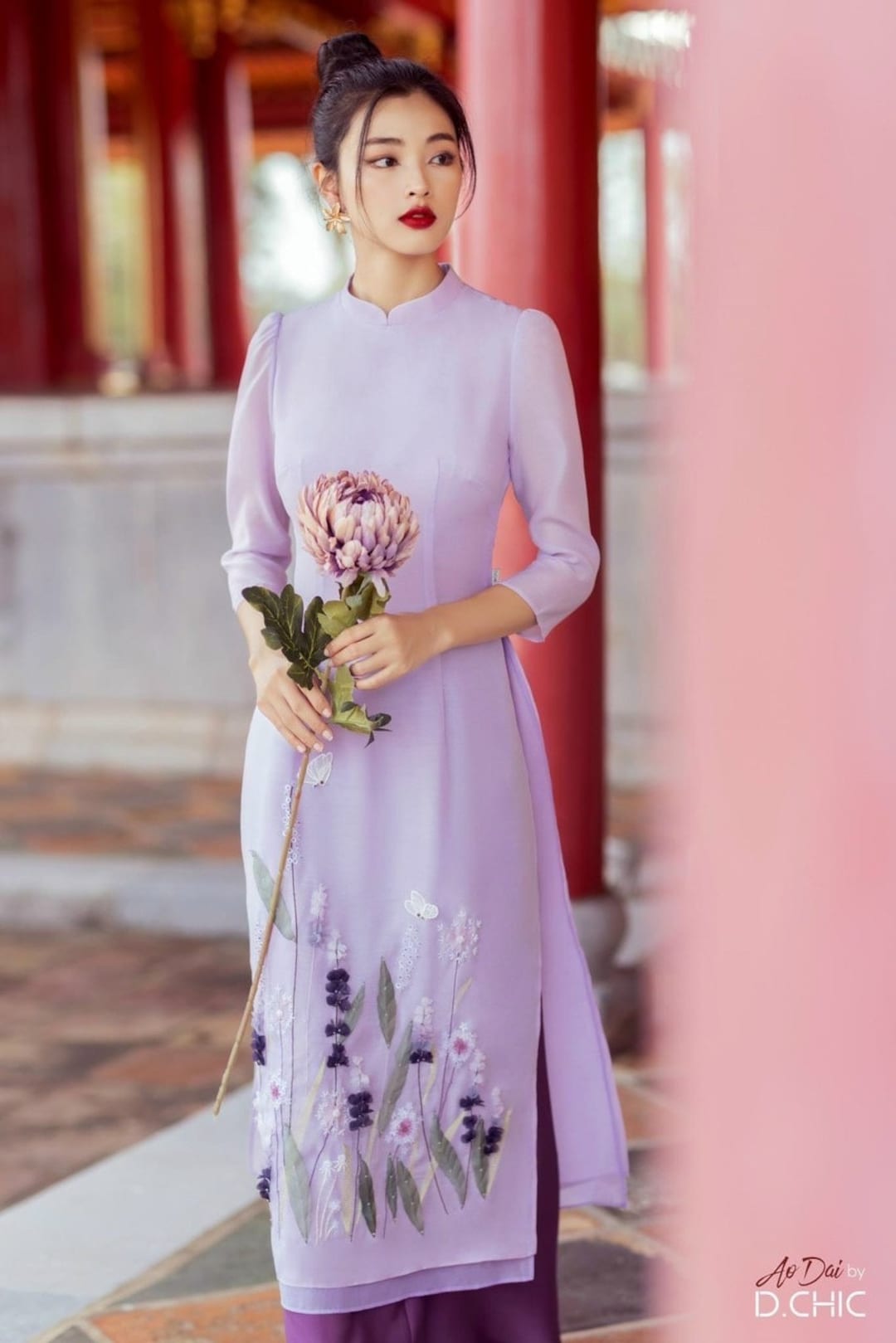 Lavender Vietnamese Traditional Ao Dai Long Dress With 3D Flower , Including Pants - Etsy