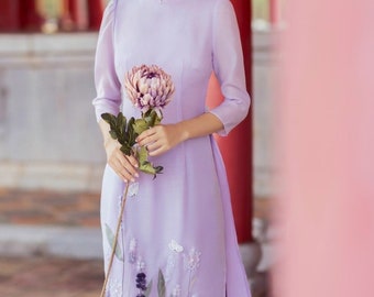 Lavender Vietnamese Traditional Ao Dai Long Dress With 3D Flower , Including Pants - Etsy