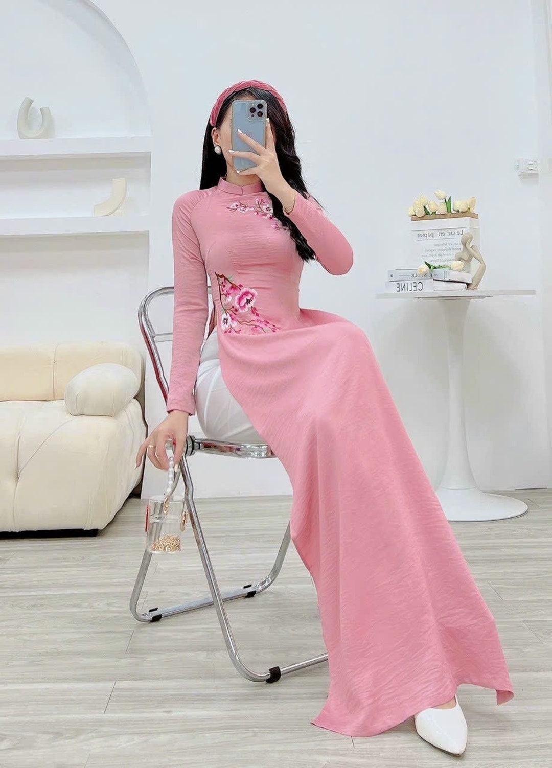 Pink Vietnamese Traditional Ao Dai Long Dress With 3D Flower , Including Pants - Etsy
