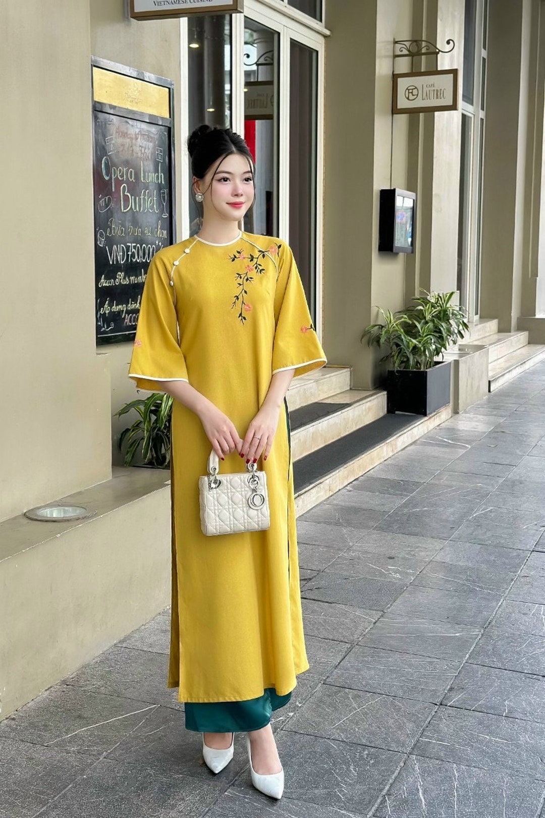 Yellow Mustard Vietnamese Traditional Dresses Linen With Embroidery ...