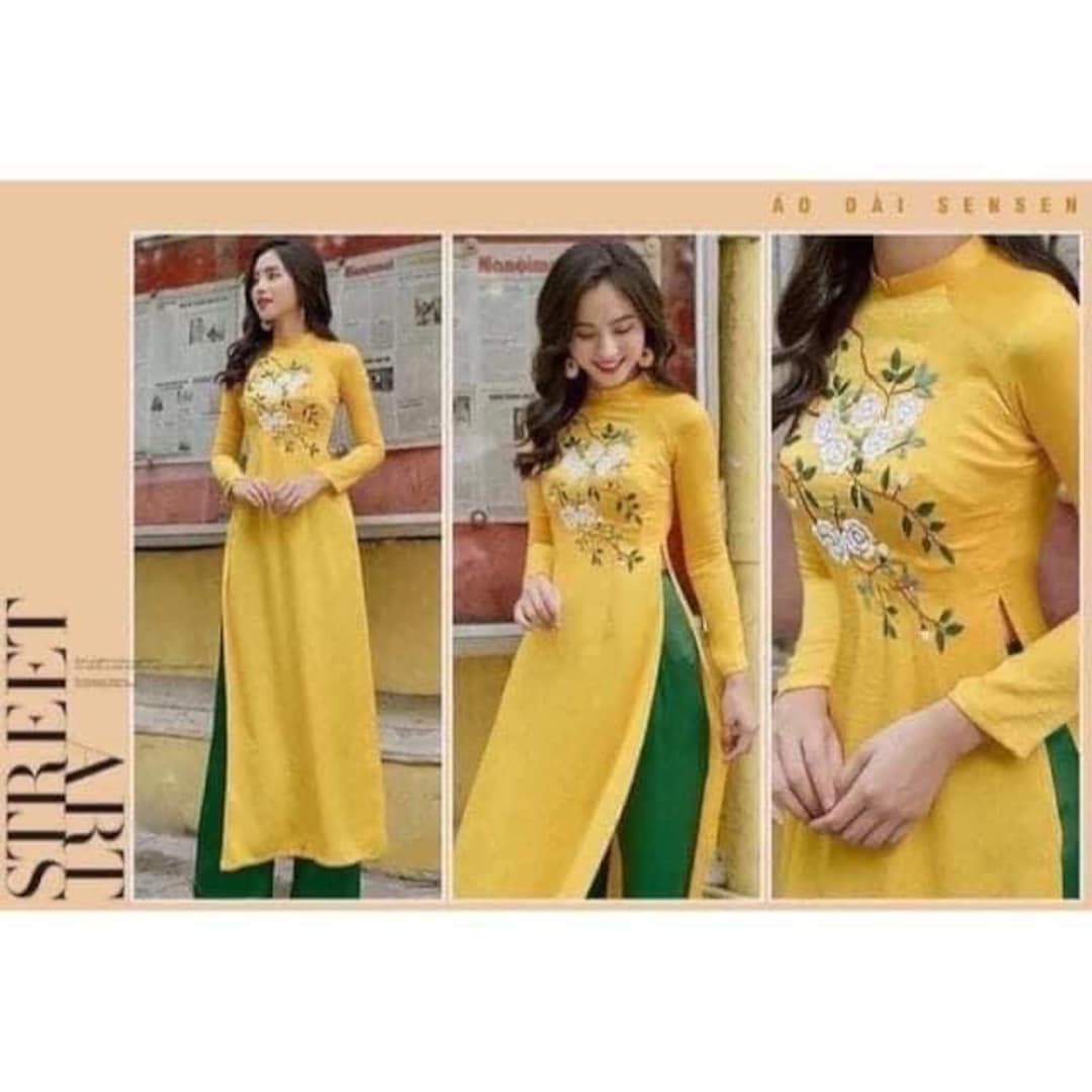Yellow Vietnamese Traditional Ao Dai Long Dress With 3D Flower , Including Pants - Etsy