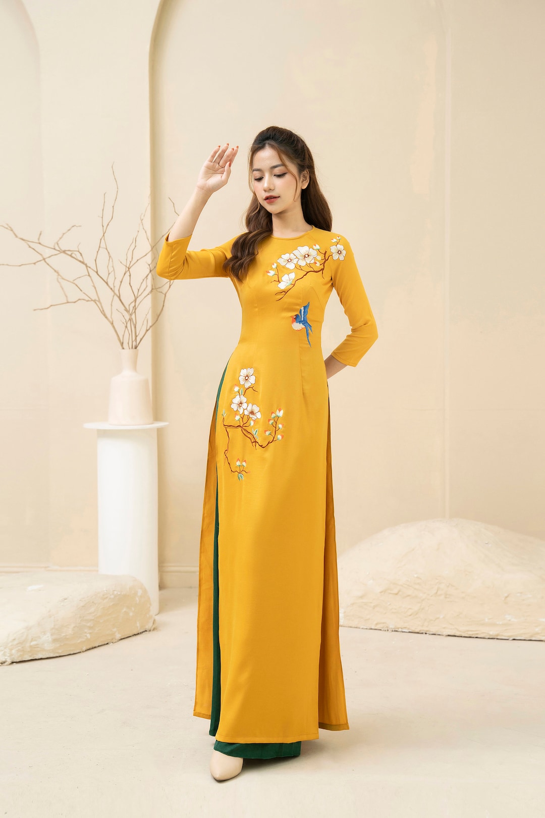 Vietnamese Traditional Yellow Ao Dai Long Dress With 3D Flower ...