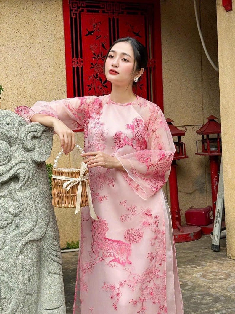 Designed 3D Floral Vietnamese Dress Pink - Red Ao Dai - Etsy