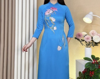 White Vietnamese Traditional Ao Dai Long Dress With 3D Flower , Including Pants - Etsy