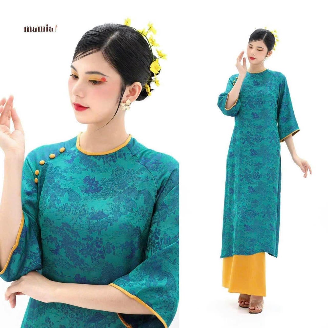 Green Brocade Vietnamese Traditional Ao Dai Long Dress , Including ...