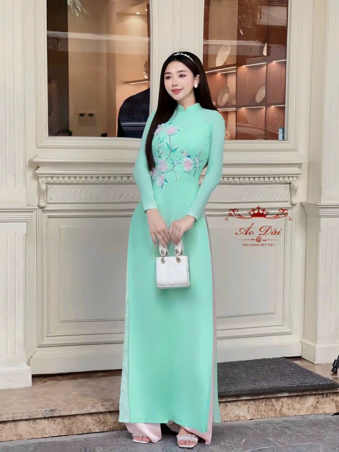 Green Vietnamese Traditional Ao Dai Long Dress With 3D Flower , Including Pants - Etsy
