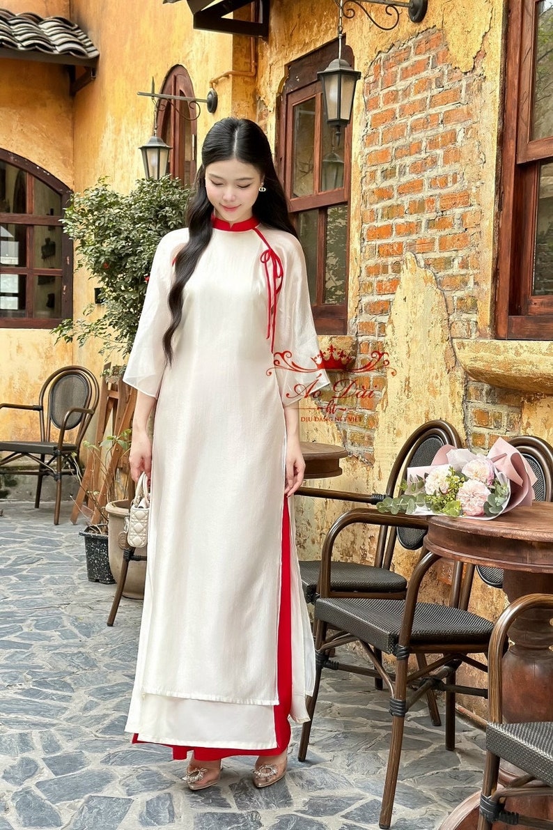 Beige /nude Designed 3D Floral Vietnamese Dress Ao Dai -included Pants ...