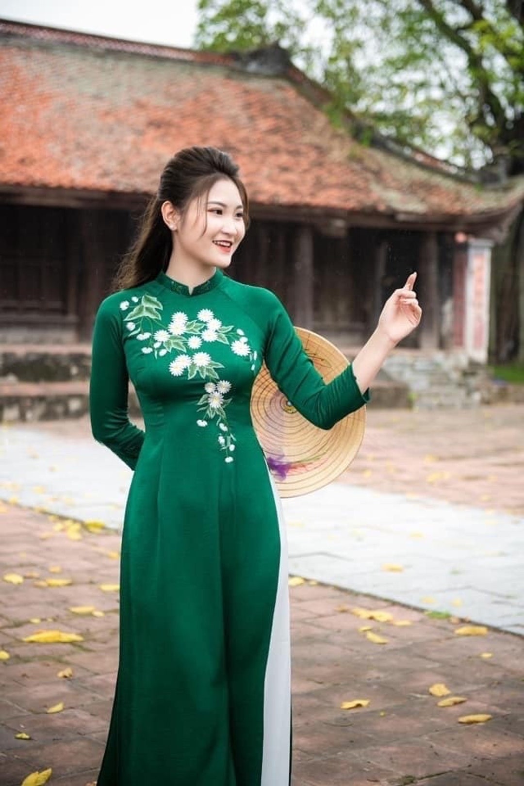 Green Vietnamese Traditional Ao Dai Long Dress With 3D Flower - Etsy
