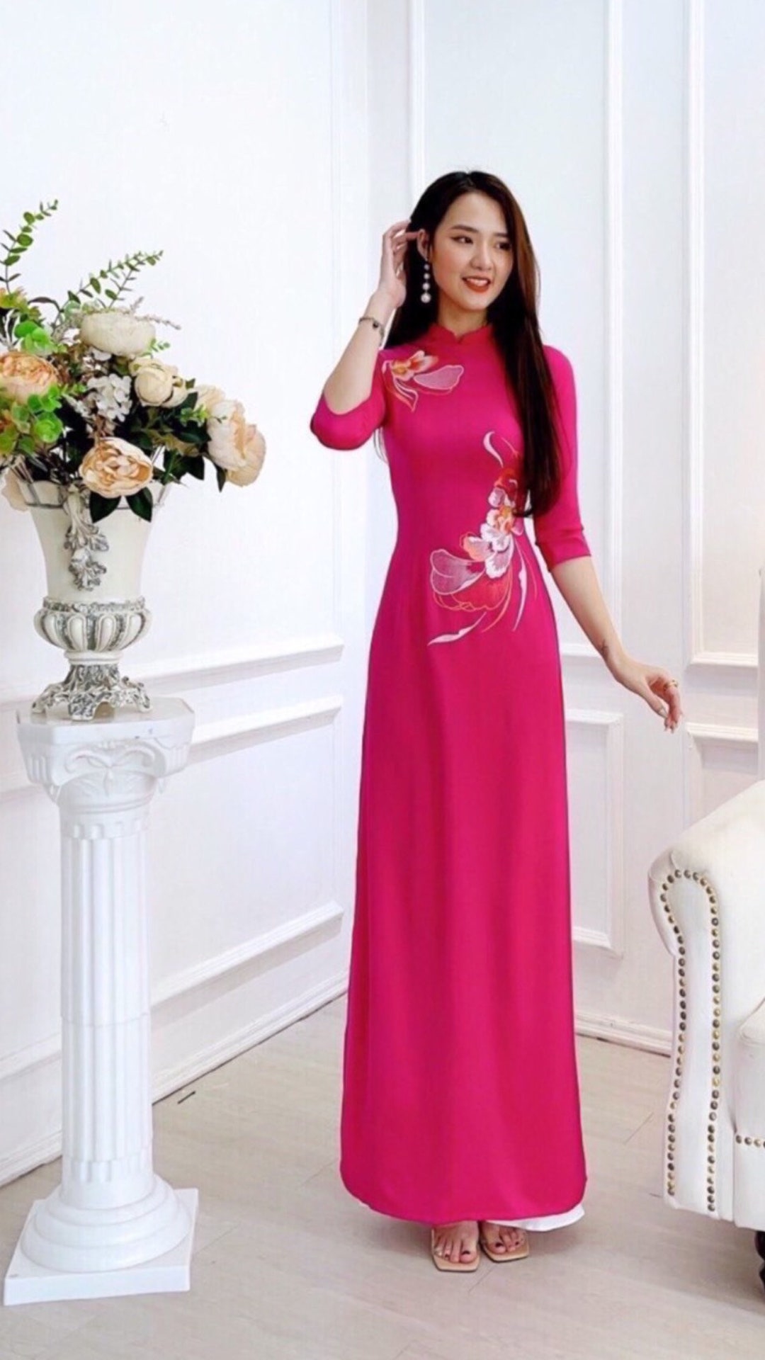 Pink Red Vietnamese Traditional Ao Dai Long Dress With 3D Flower , Including Pants - Etsy