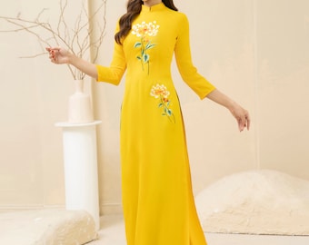 Pink Embroidery Ao Dai With 3D Flowers and Crystals| áo Dài Lụa Thêu Hoa| Vietnamese Long Dress ...
