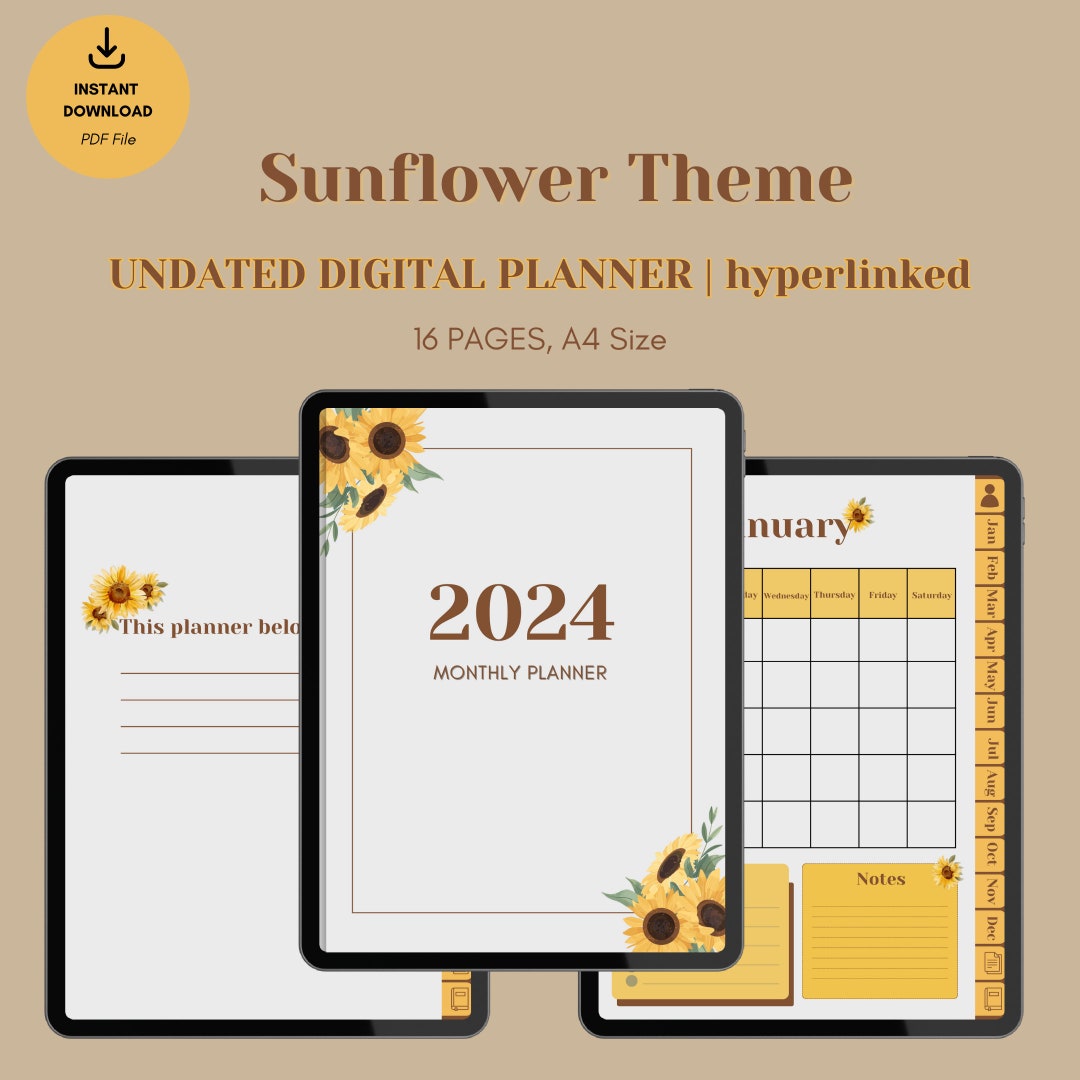 Sunflower Undated Digital Planner, Monthly Digital Planner, iPad ...