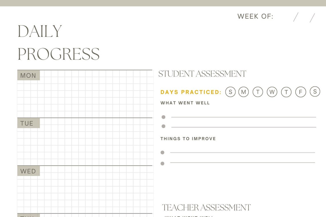 Music Daily Progress Progress, Music Assignment Sheet, Practice Tracker ...