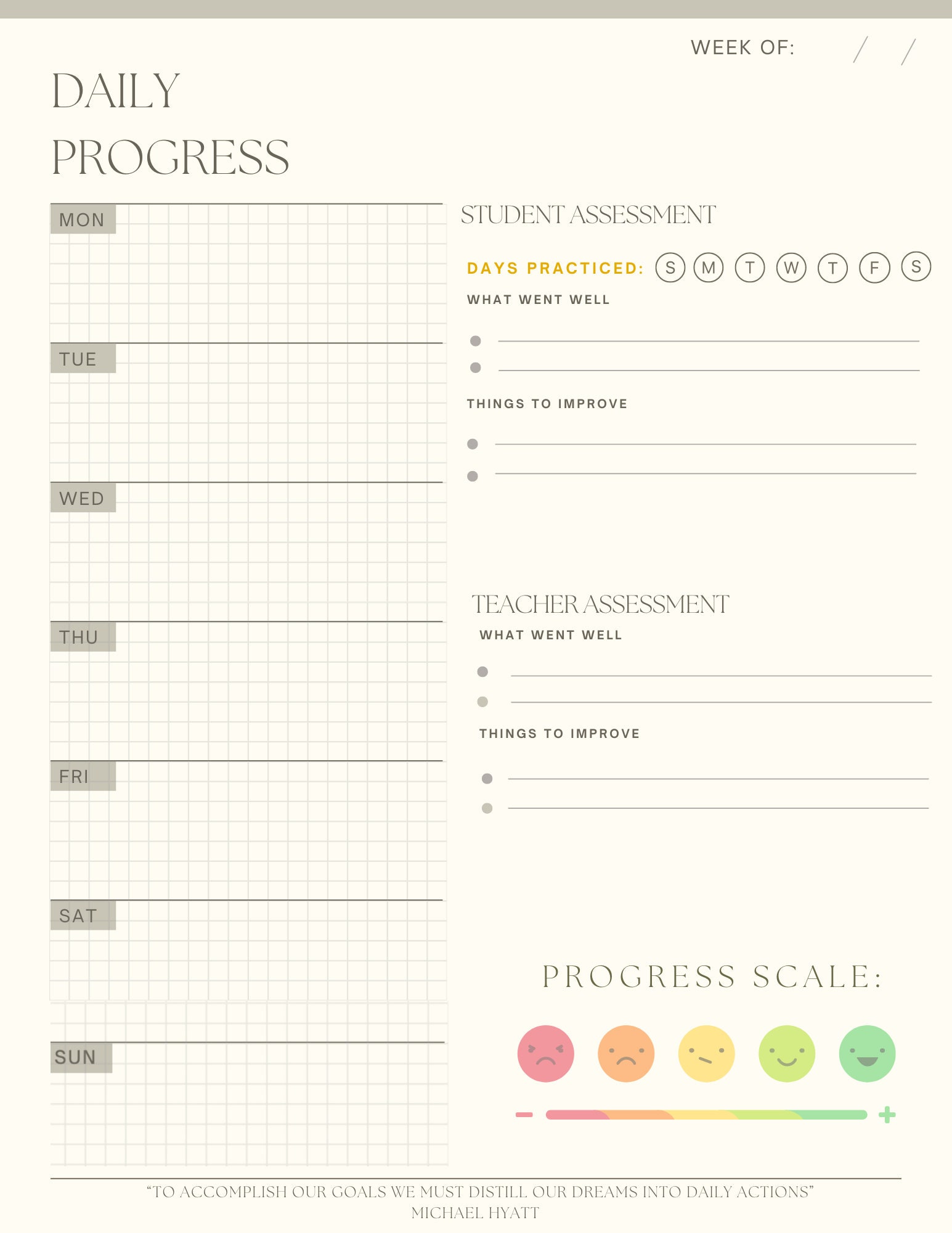 Music Daily Progress Progress, Music Assignment Sheet, Practice Tracker ...