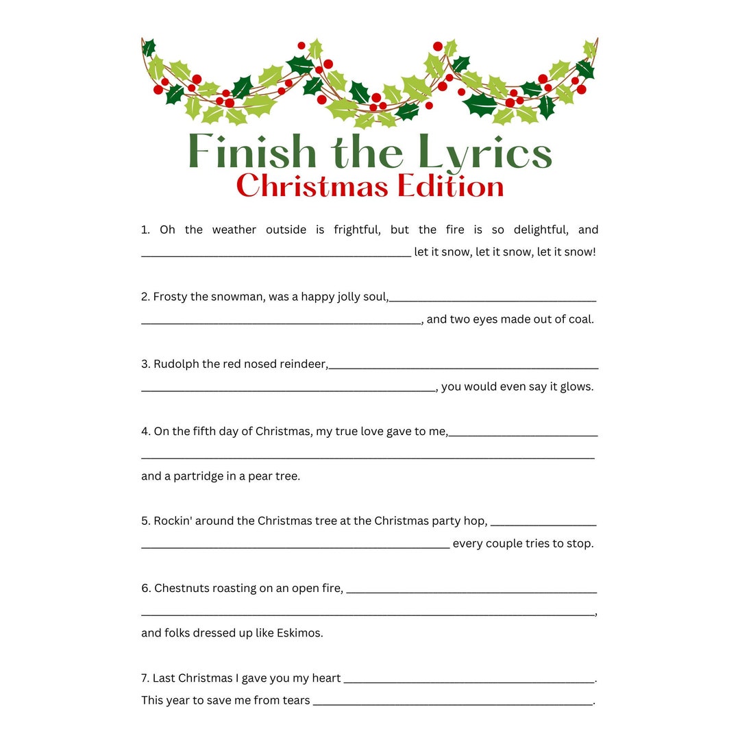 Christmas Printable Game Finish the Lyrics Christmas Edition - Etsy