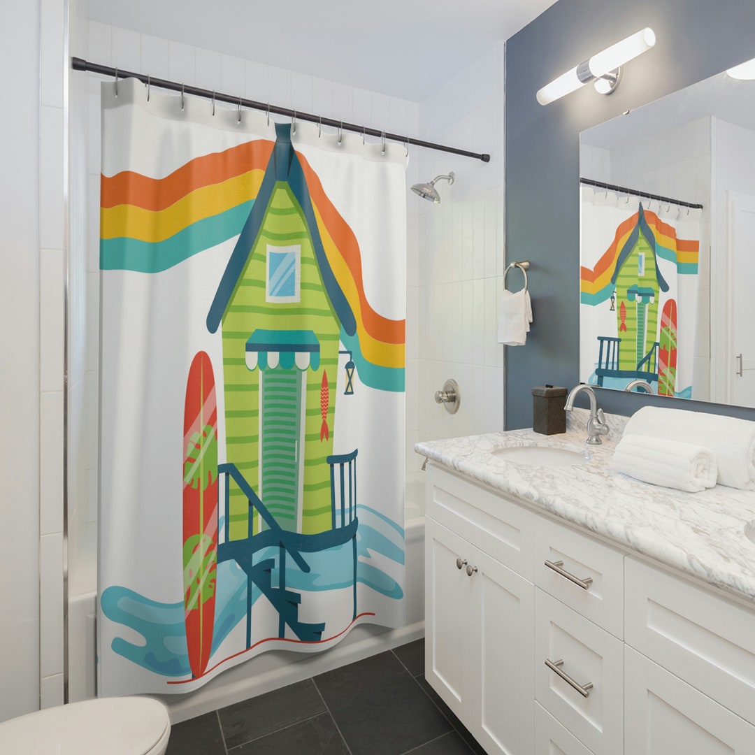 Retro Beach Surfer Beach House Shower Curtain, Boho Rainbow Vibes ...