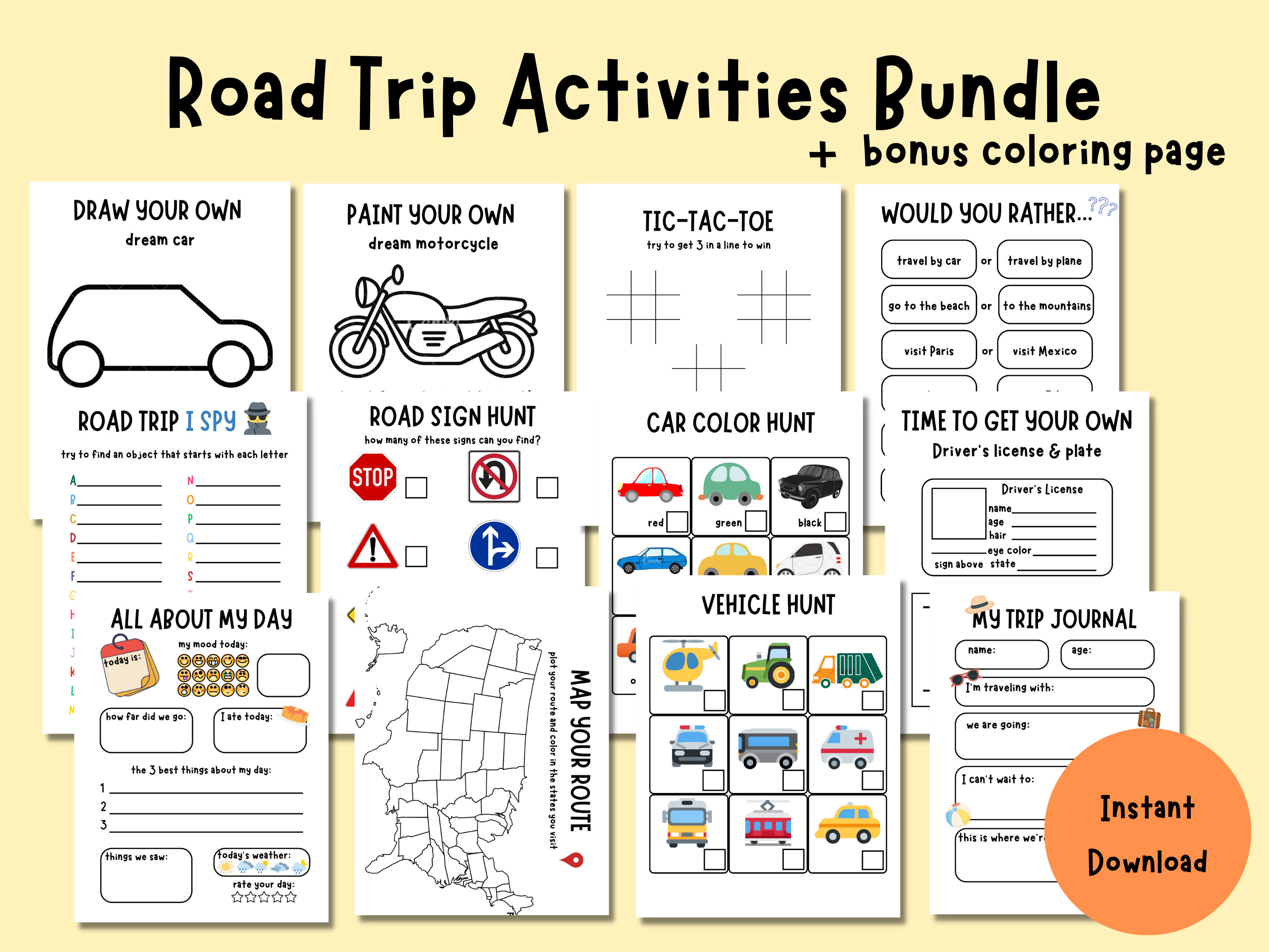 Printable Road Trip Games Bundle "kids" Activity Pack Featuring Summer ...