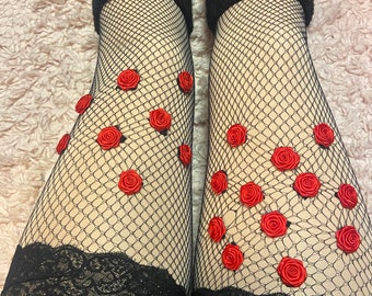 Shipped From UK - Red Gothic Fishnet Lace Tights With Whimsical Floral ...