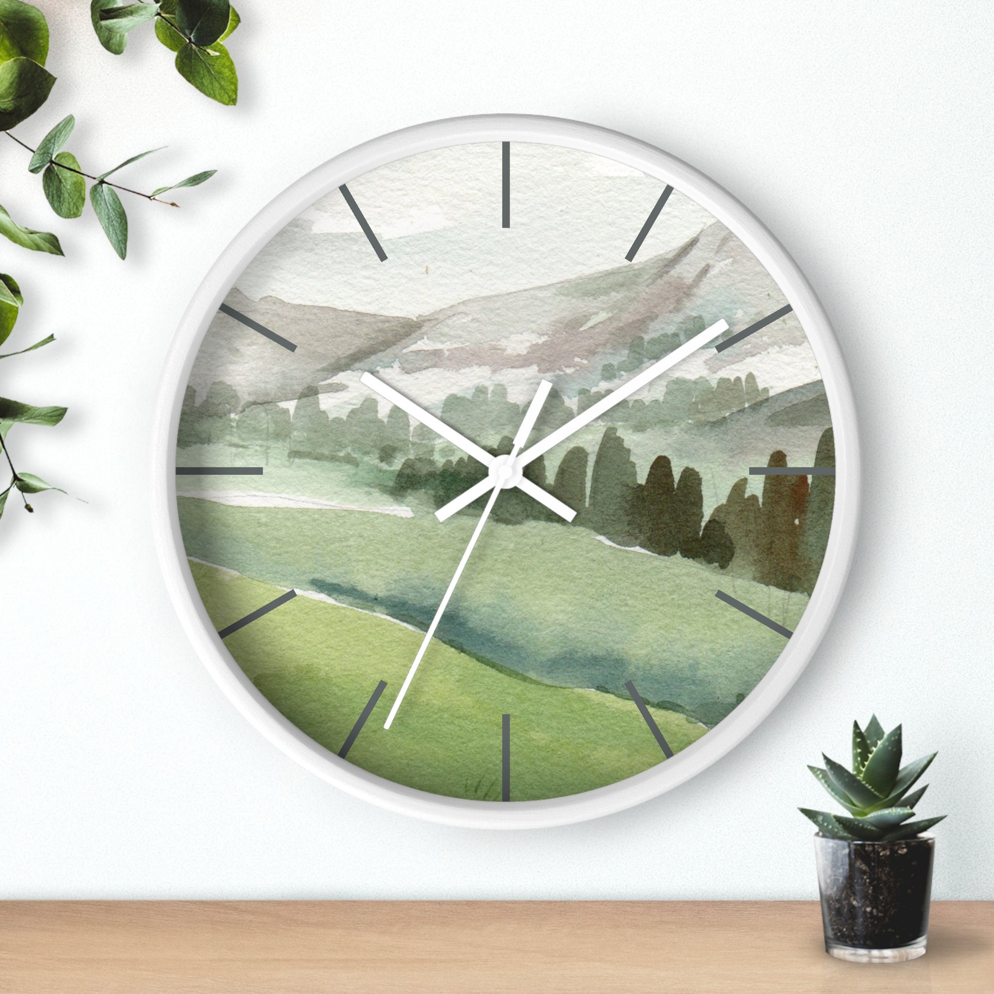 Watercolor Nature Wall Clock, Nature Lover Gift Featuring Mountains and ...
