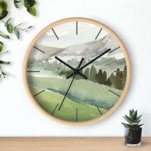 Watercolor Nature Wall Clock, Nature Lover Gift Featuring Mountains and ...