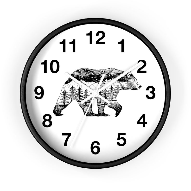 Bear Themed Unique and Simple Wall Clock; Mountains and Trees Featured ...