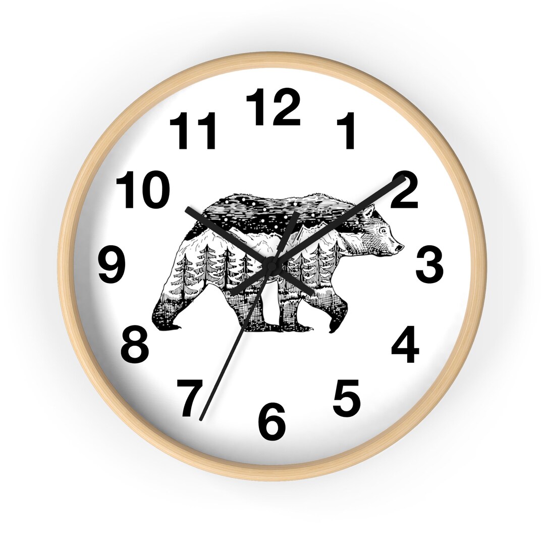 Bear Themed Unique and Simple Wall Clock; Mountains and Trees Featured ...