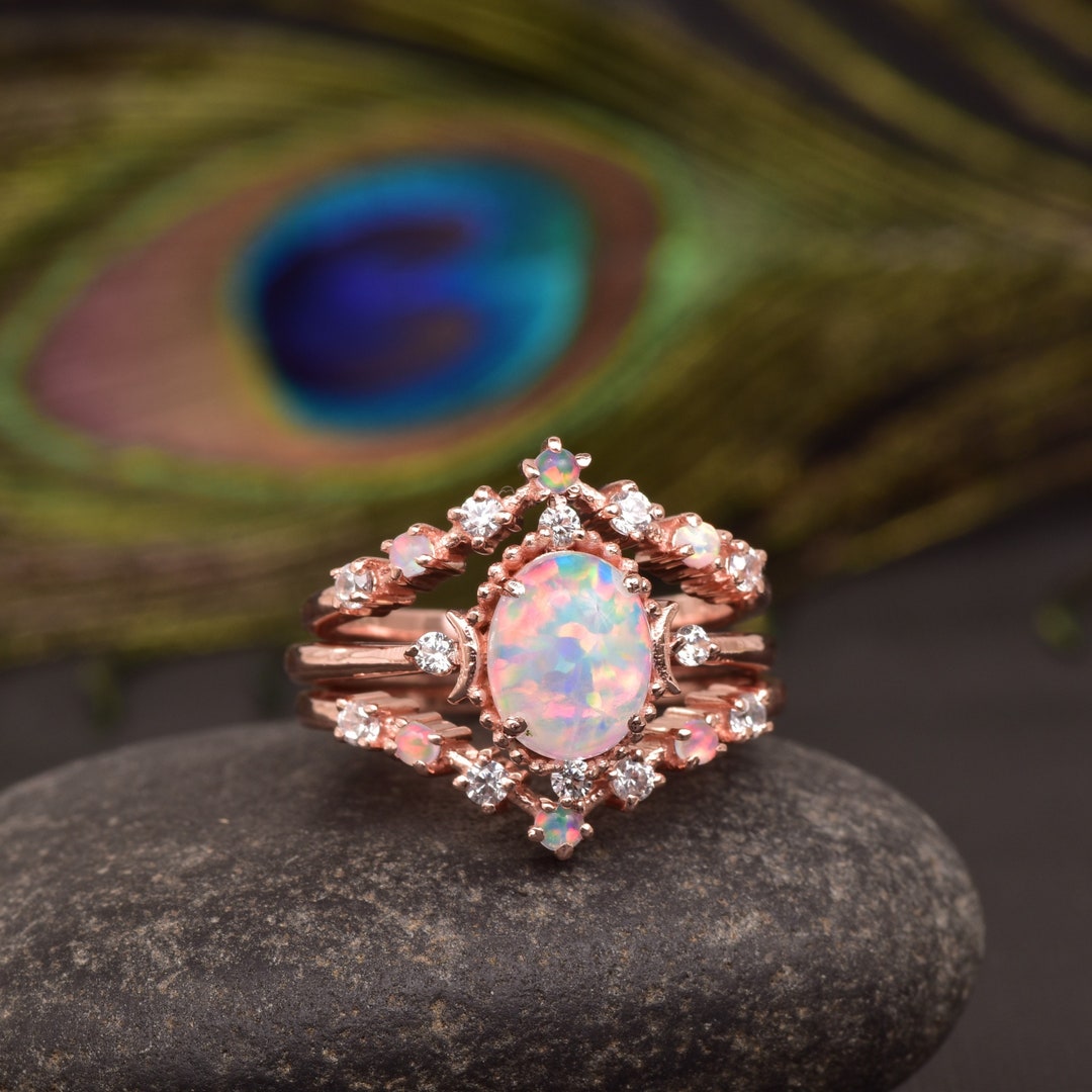 White Opal Engagement Ring Set, Oval Cut Bridal Set, Moon Star Wedding Ring Set, Oval Cut Opal ...