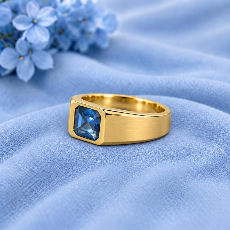Blue Sapphire Men's Ring, 14K Gold Gemstone Ring, Square Cut Blue Topaz ...