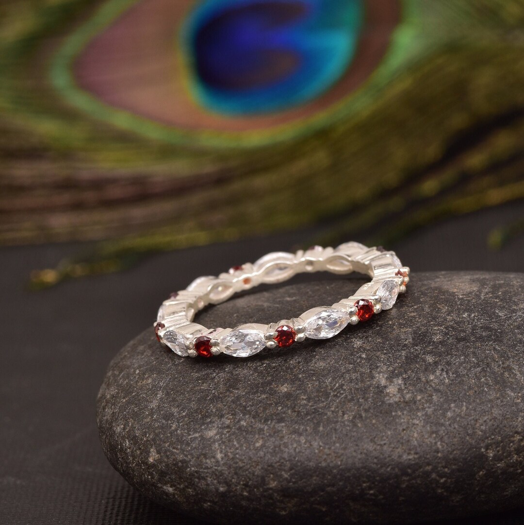 Vintage Ruby Wedding Band, Marquise Cut CZ Diamond Bridal Ring, Red ...