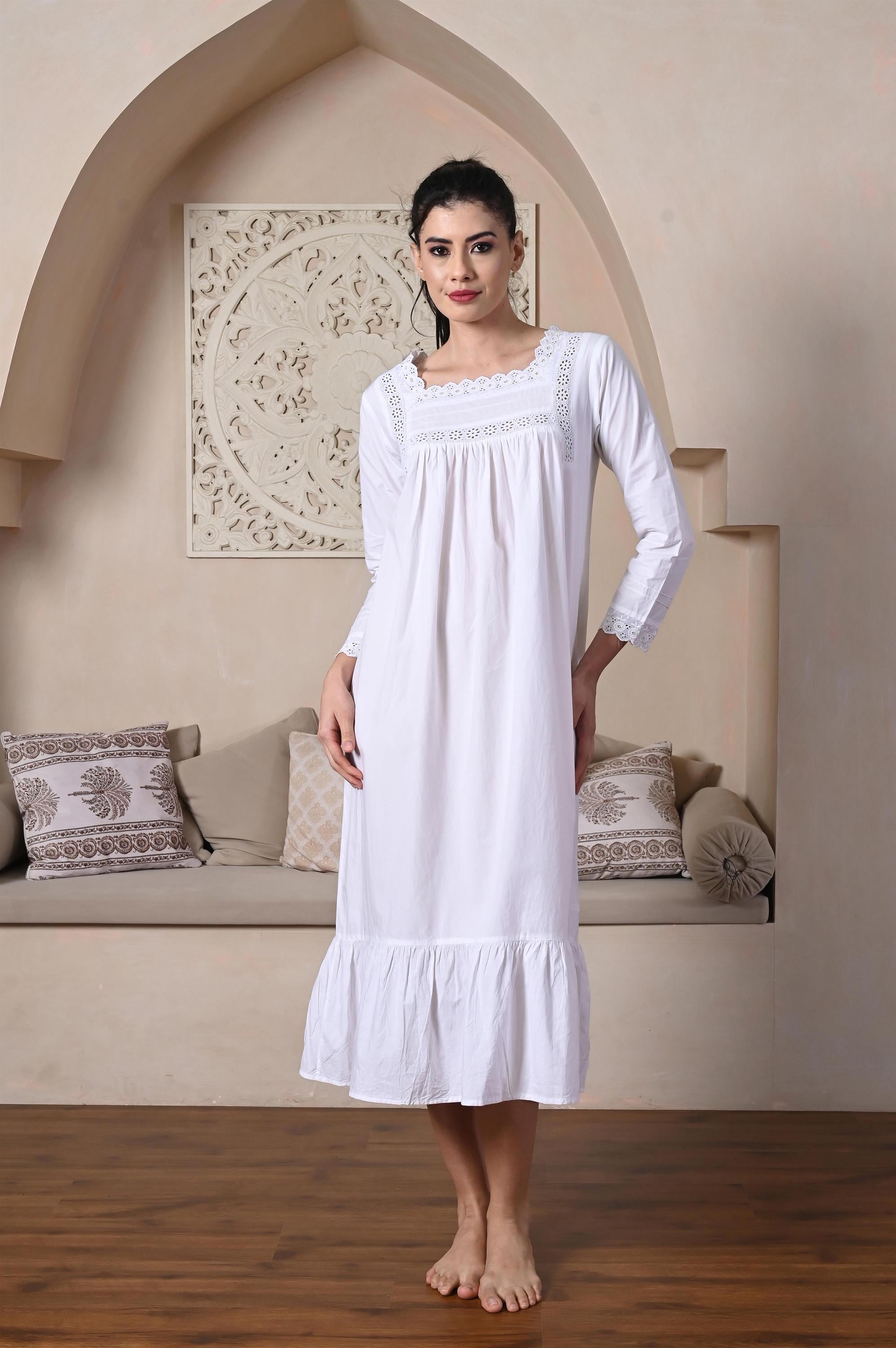 Women 100% Pure Cotton Victorian Style Nightdress Long Sleeves ...