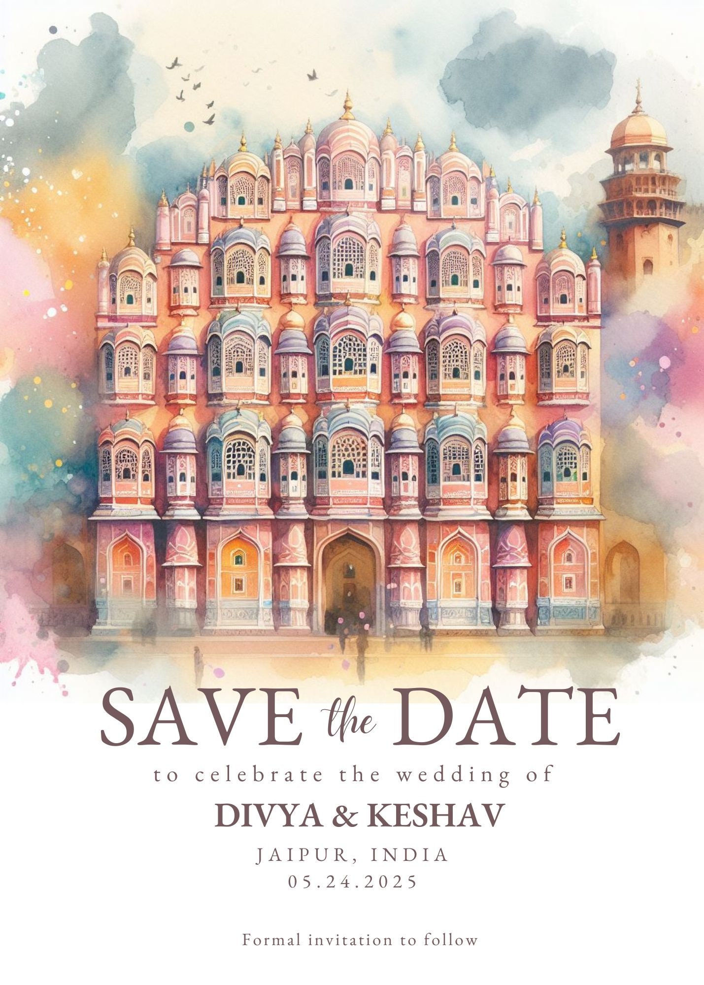Jaipur Destination Wedding Save the Date | Dreamy Watercolor Hawa Mahal ...