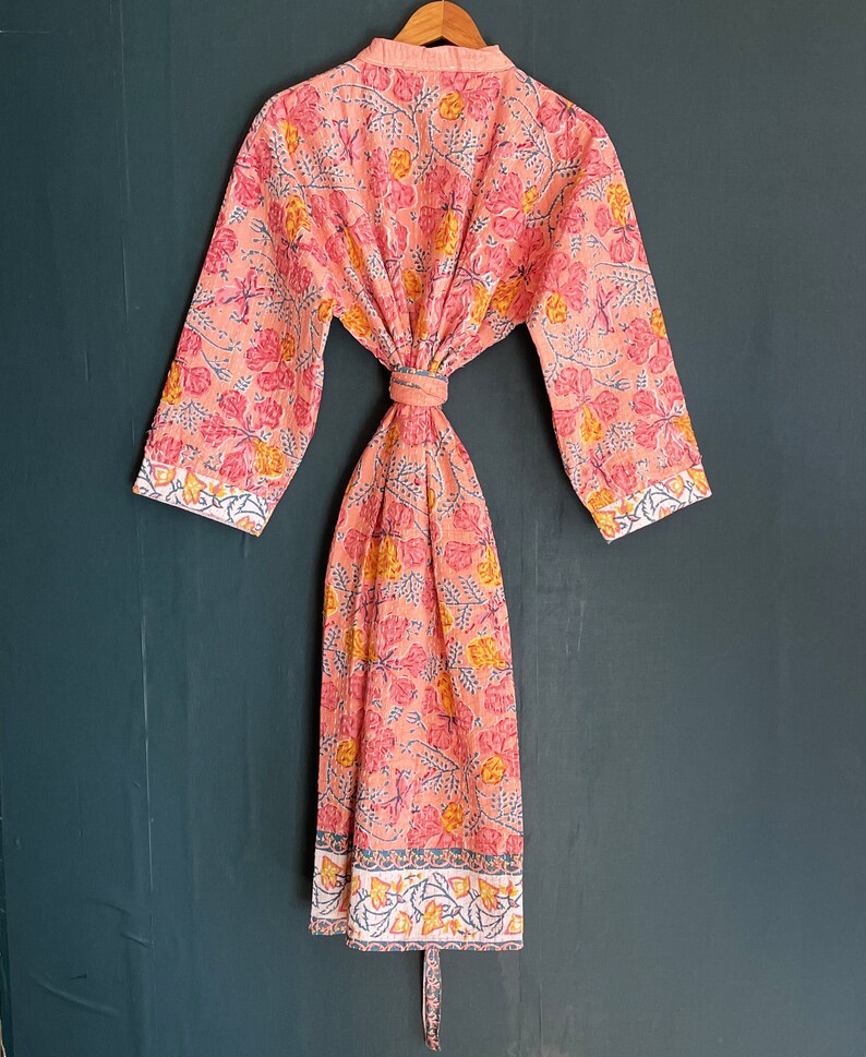 Pink Floral Print Kantha Kimono Robe Sleepwear Soft Cotton Hand Block ...