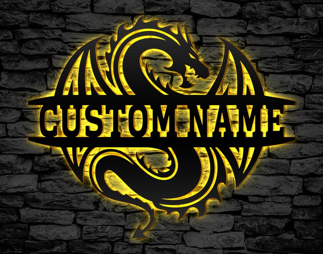 Custom Dragon Metal Wall Art With LED Light, Personalized Dragon Name ...
