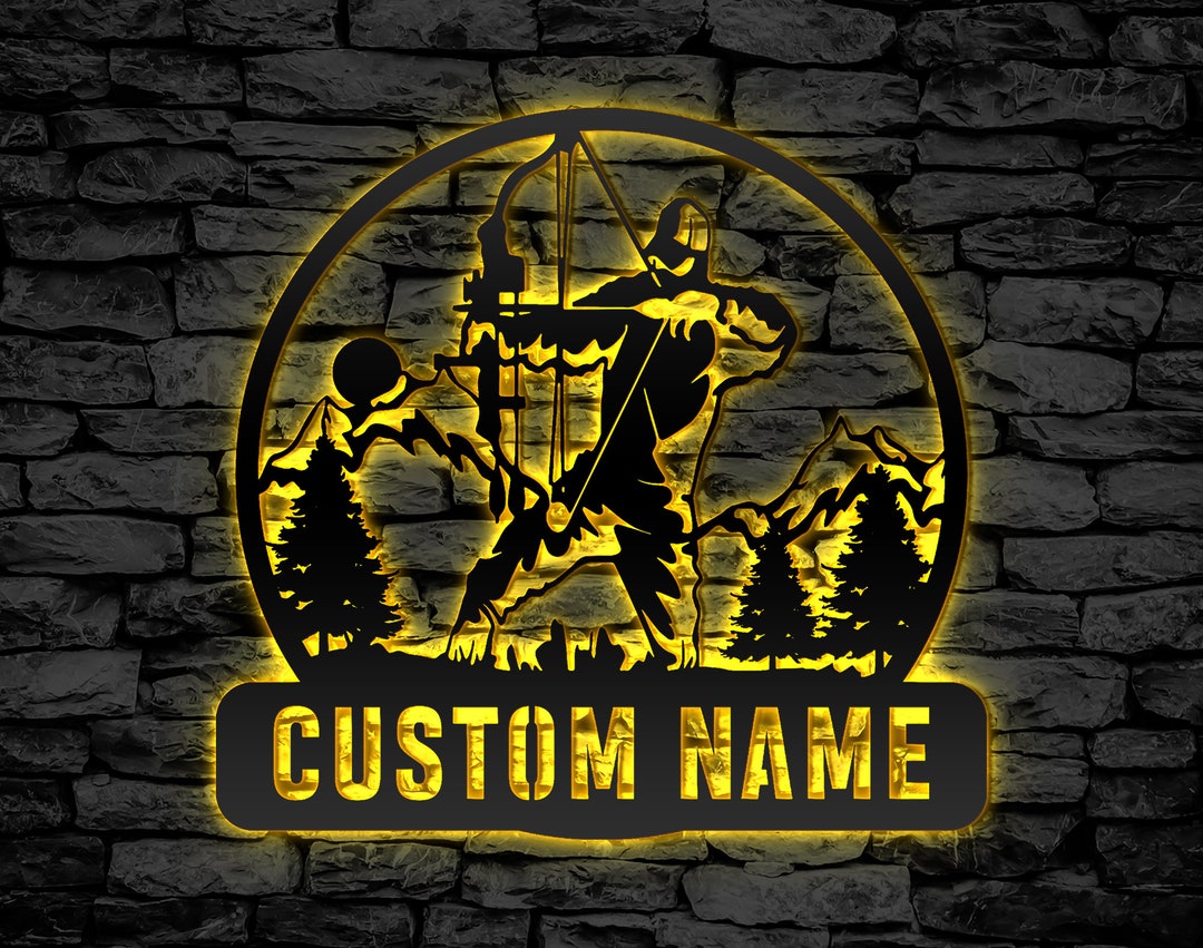 Custom Bow Hunter Metal Wall Art LED Lights, Personalized Bow Hunting ...