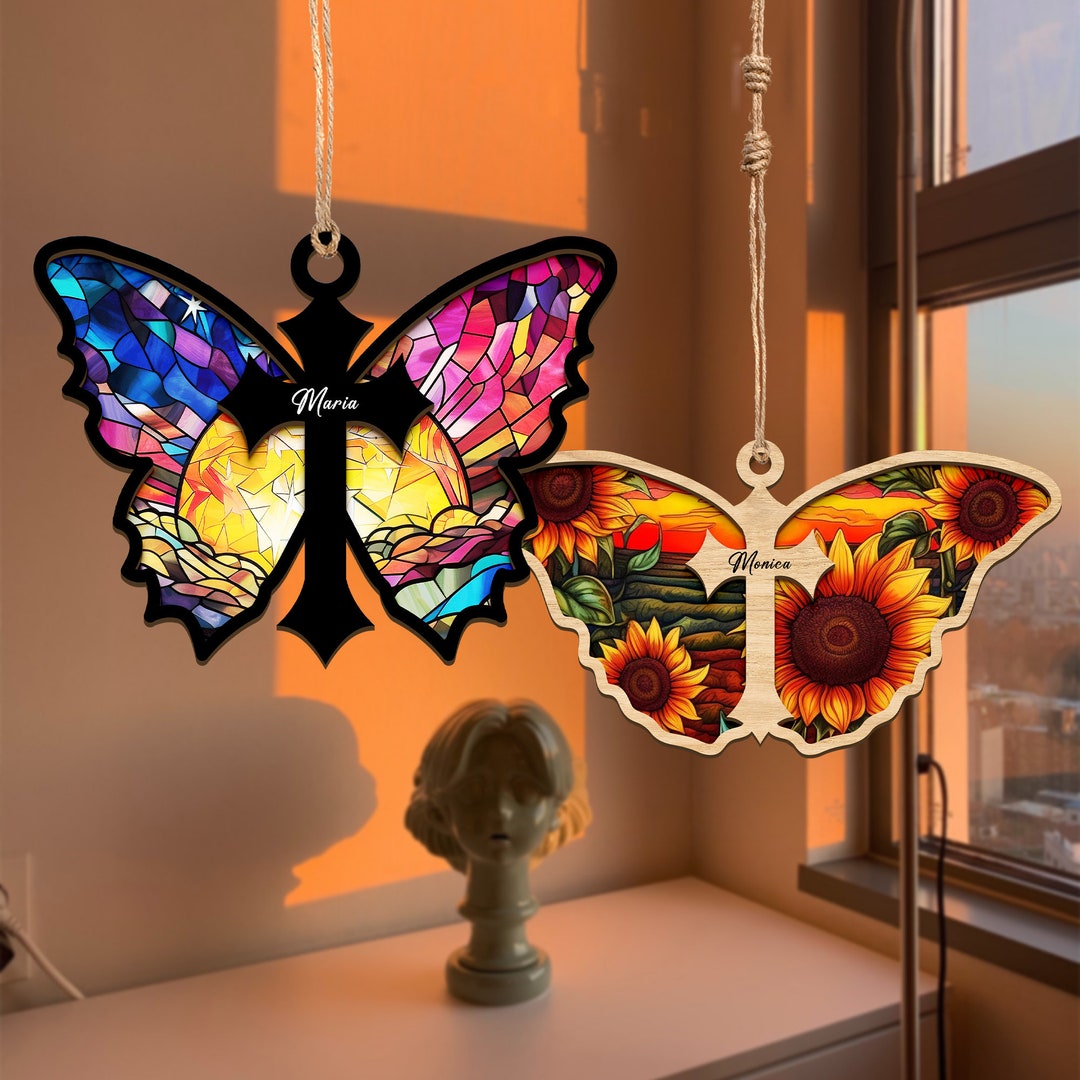 Sunflower Cross Butterfly Suncatcher, Loss of Loved One, Cross ...