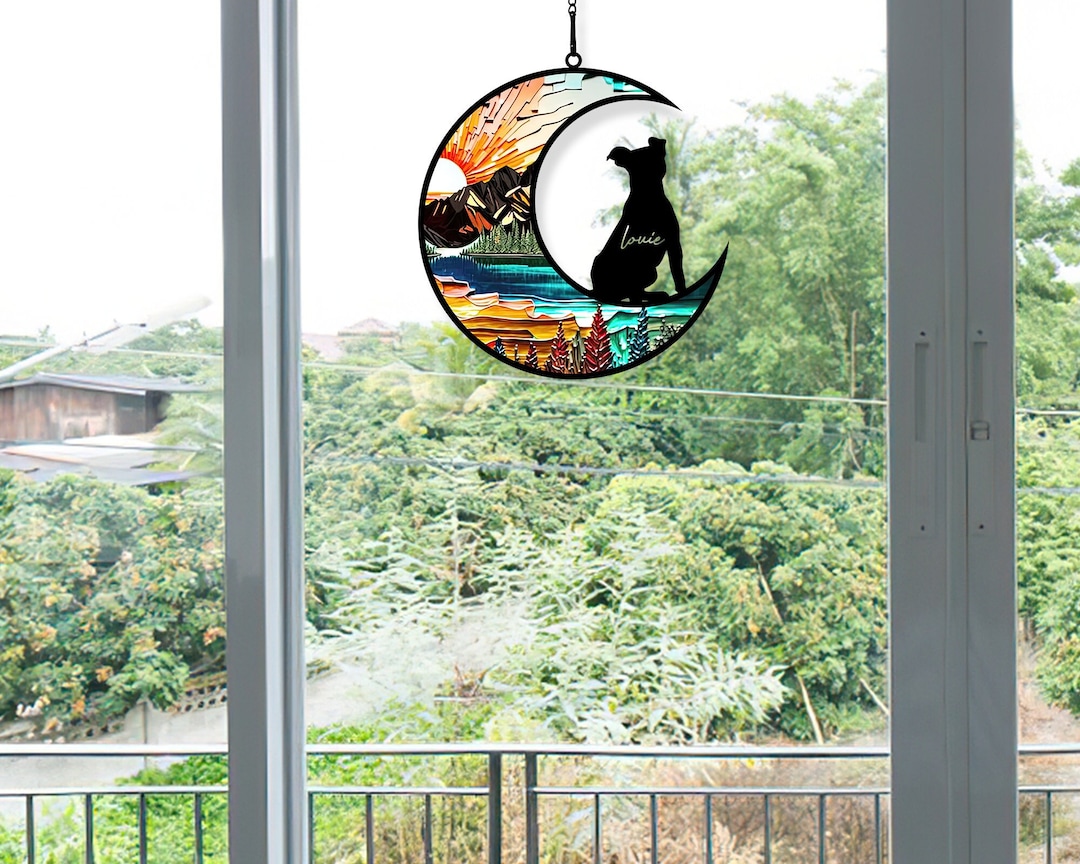 Personalized Dog on Moon Acrylic Windows Hangings, Window Hanging Decor ...