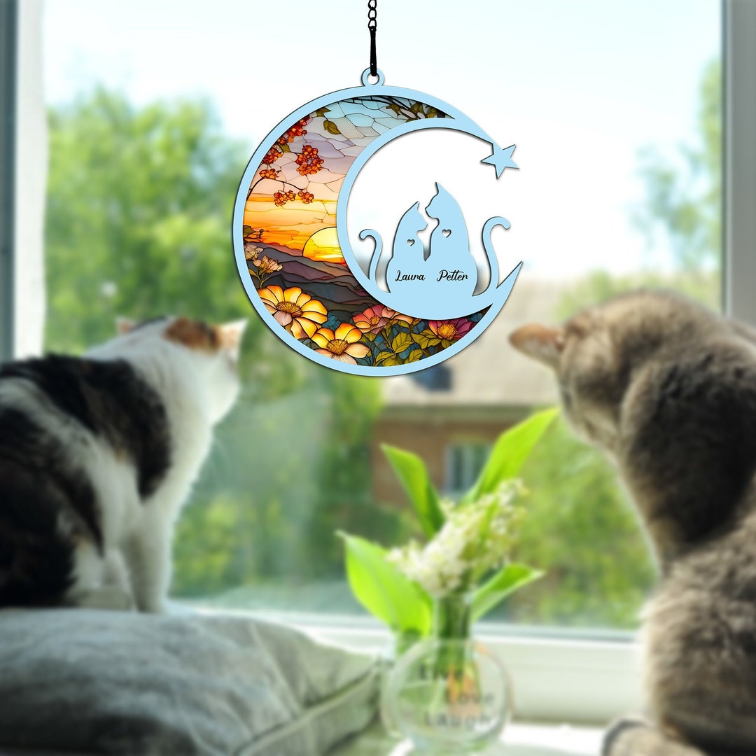 Personalized Couple Cat on Moon, Two Cat Suncatcher, Cat Memorial ...