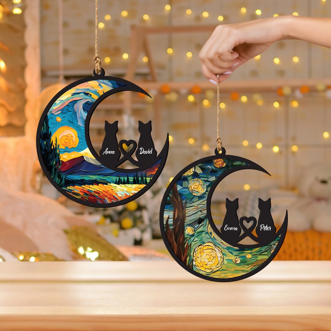 Personalized Couple Cat on Moon, Two Cat Suncatcher, Cat Memorial ...
