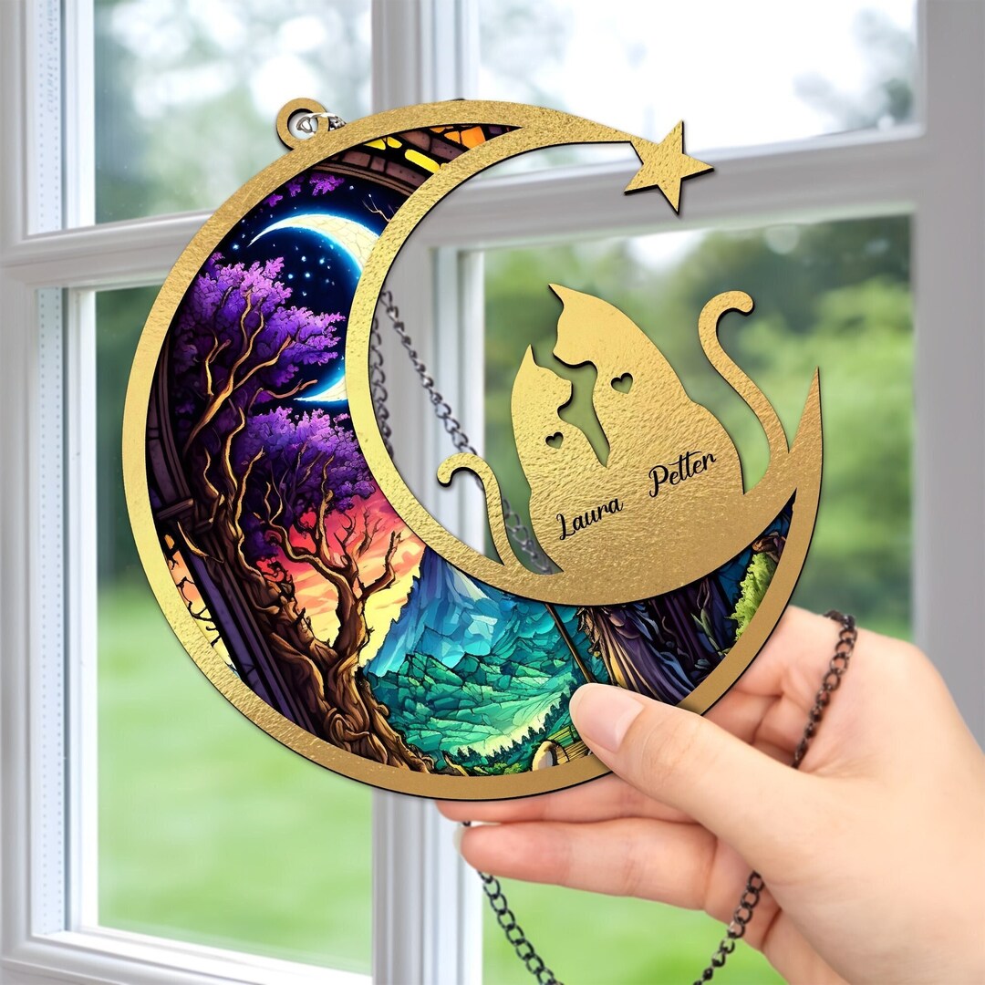Personalized Couple Cat on Moon, Two Cat Suncatcher, Cat Memorial ...