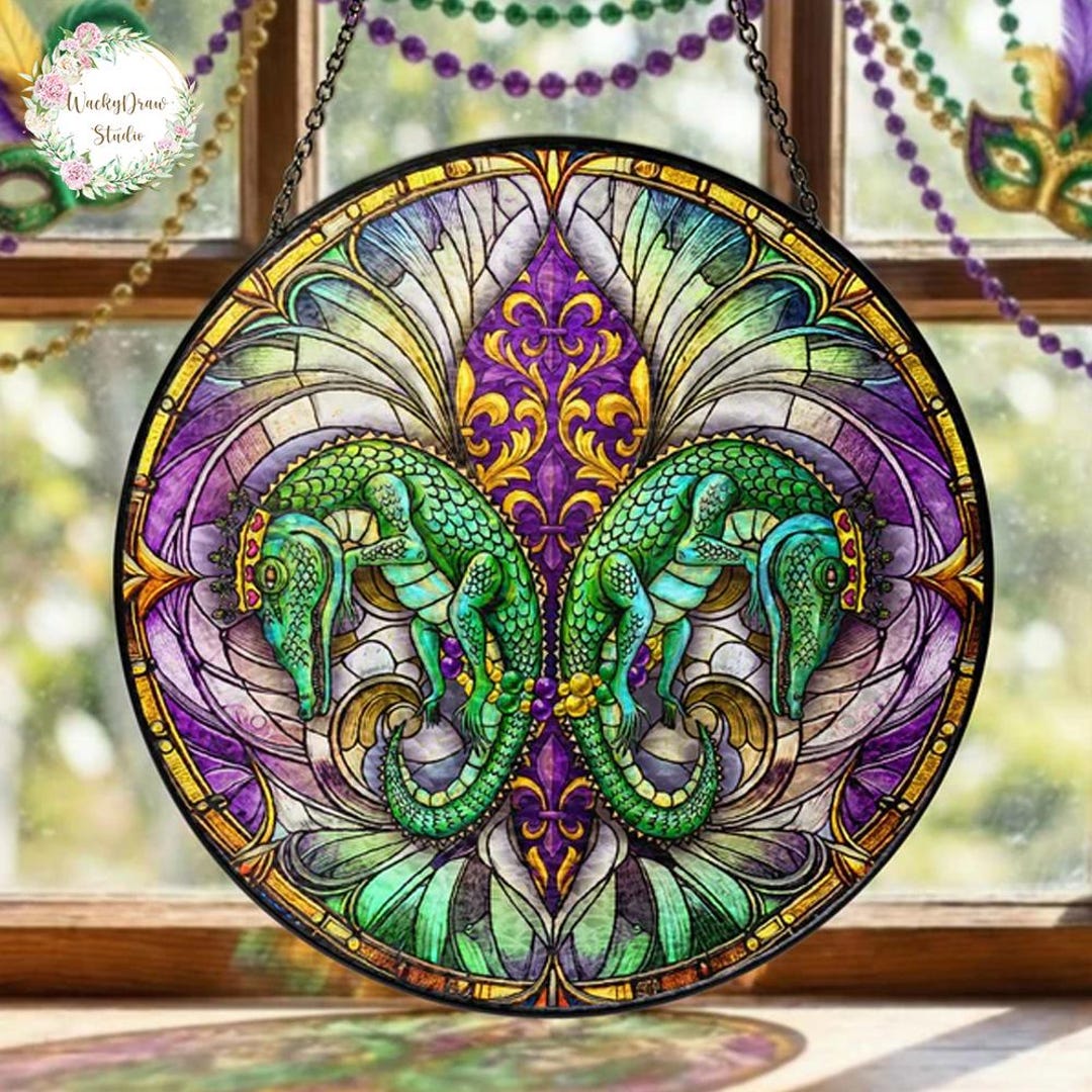 Mardi Gras Alligator Suncatcher, Fleur De Lis Stained Glass Window ...