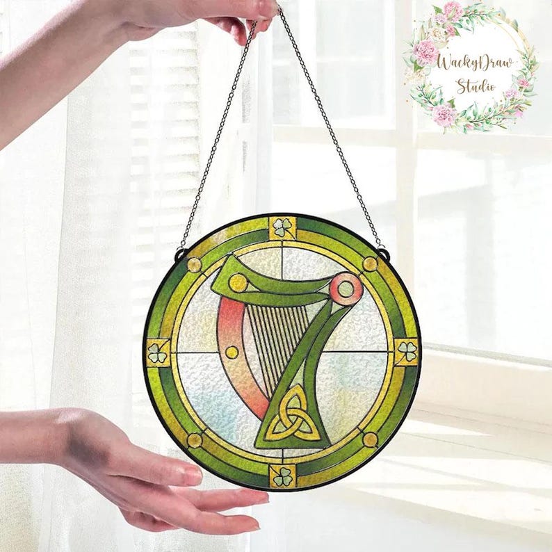 St. Patrick's Irish Harp Stained Glass Suncatcher, Shamrock - Etsy