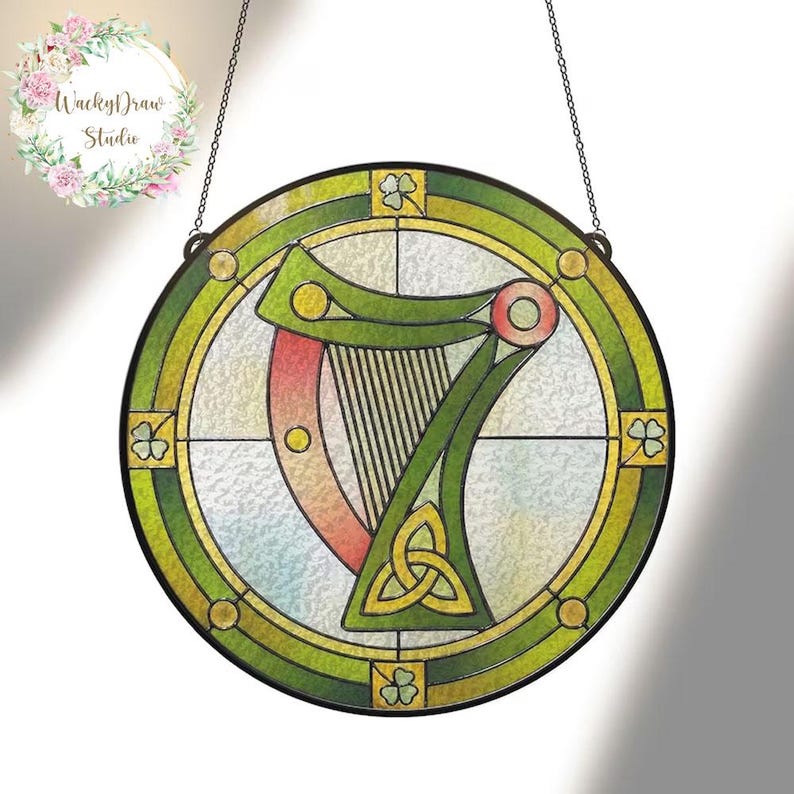 St. Patrick's Irish Harp Stained Glass Suncatcher, Shamrock - Etsy