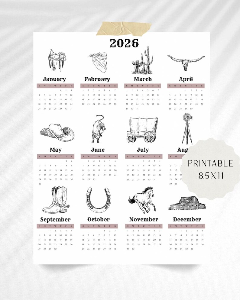 2026 Year at a Glance Cowboy Calendar, Rustic Western Art Printable ...