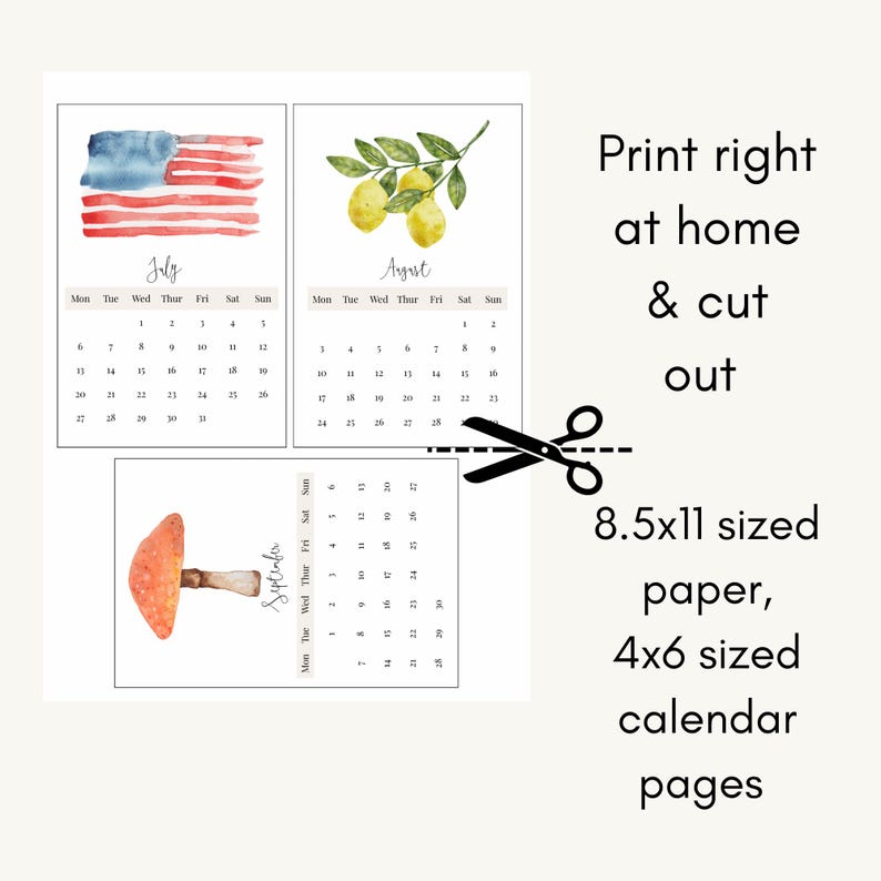 Printable 2026 Desk Calendar, 4x6 Watercolor, Sunday & Monday Start ...