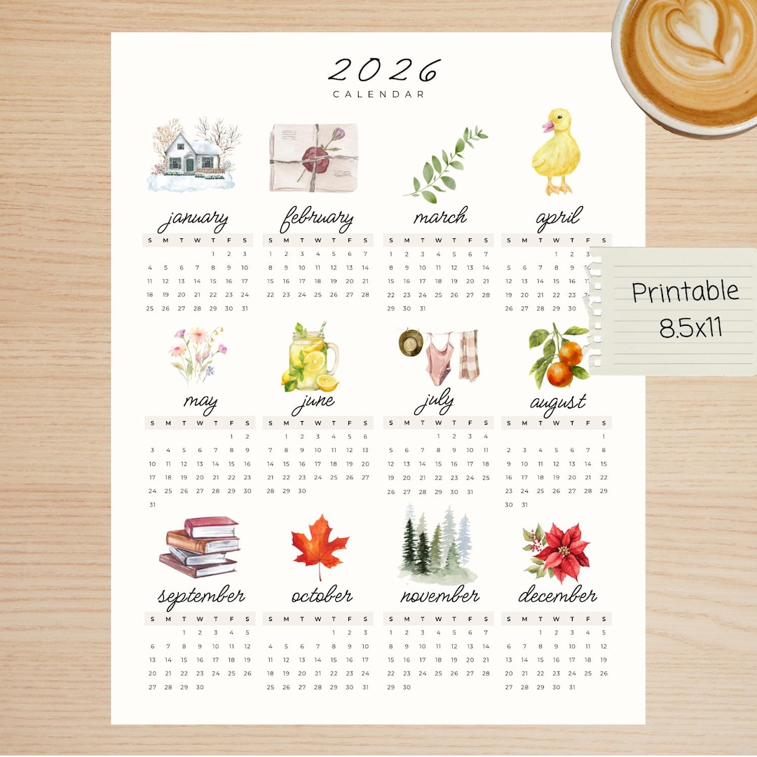 2026 Year at a Glance Watercolor Calendar Printable L Aesthetic Wall ...
