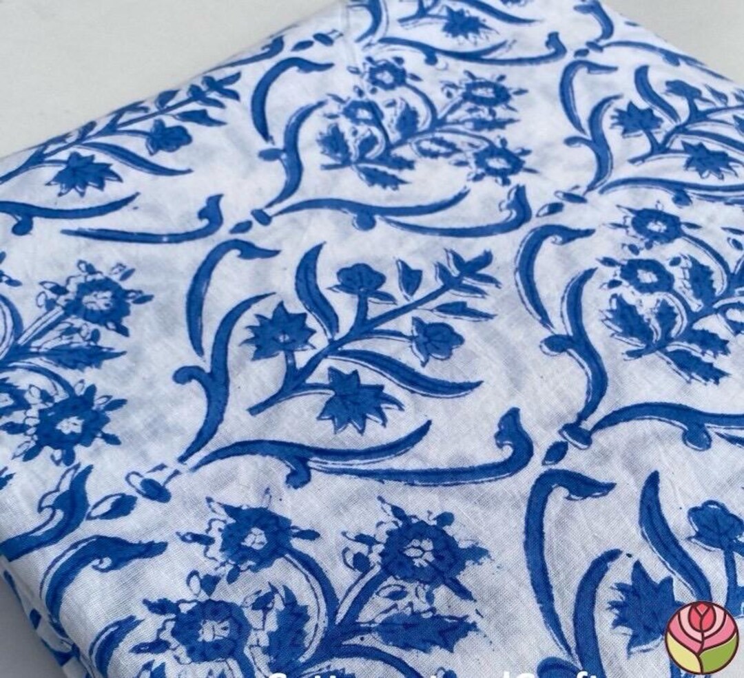 New Era Creation Sky Blue & Delft Blue Indian Floral Hand Block Printed ...