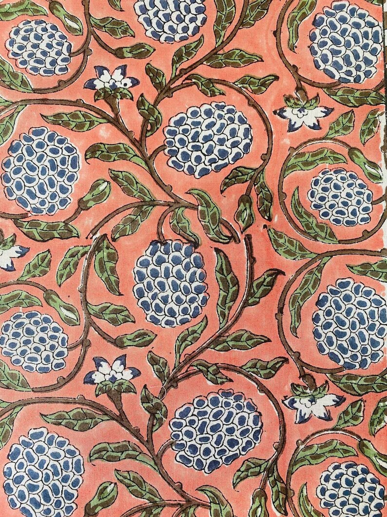 Dark Salmon Pink, Sage Green, Delft Blue Indian Hand Block Floral ...