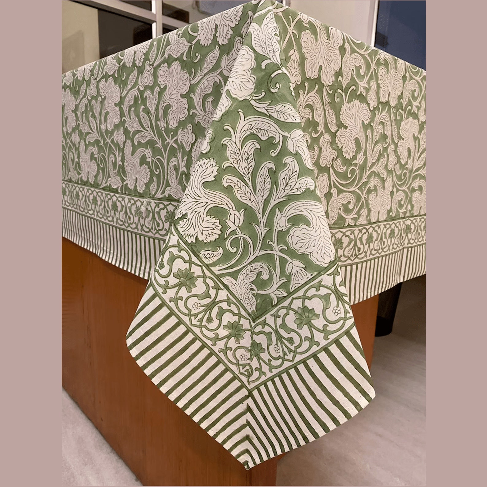 Sage Green and off White Table Cloth, Hand Block Print Table Cloth ...