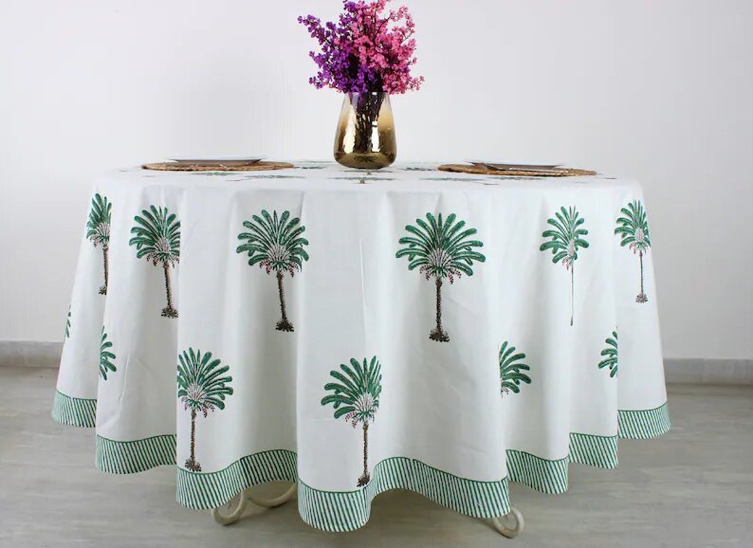 Hand Block Printed Cotton Round Tablecloth: Pine Green Palm Tree Design ...