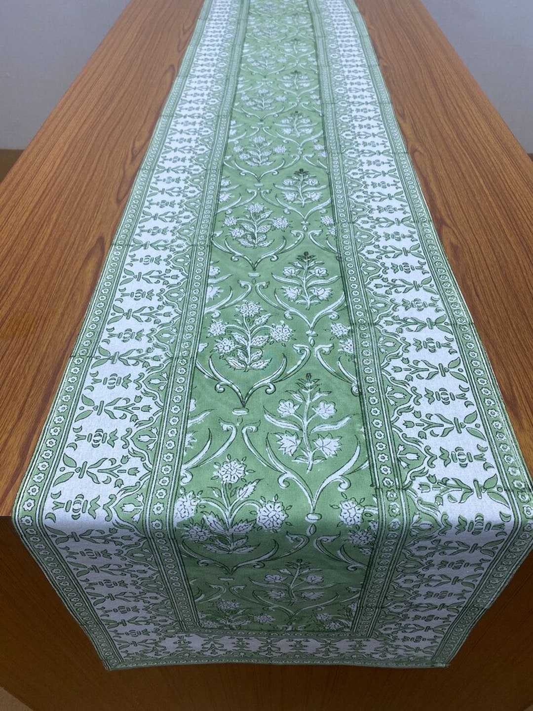 Hand Block Printed Cotton Table Runner, Pear Green Floral, Indian ...