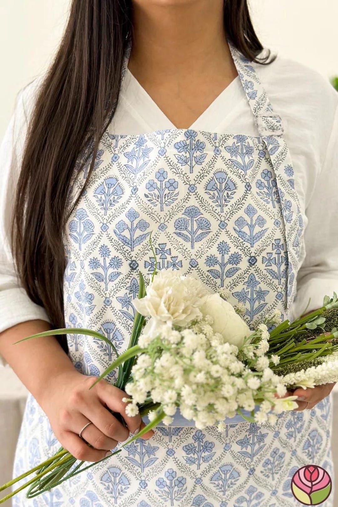 NEC Hand Block Printed Cotton Apron: Floral Kitchen Garden Farmhouse ...